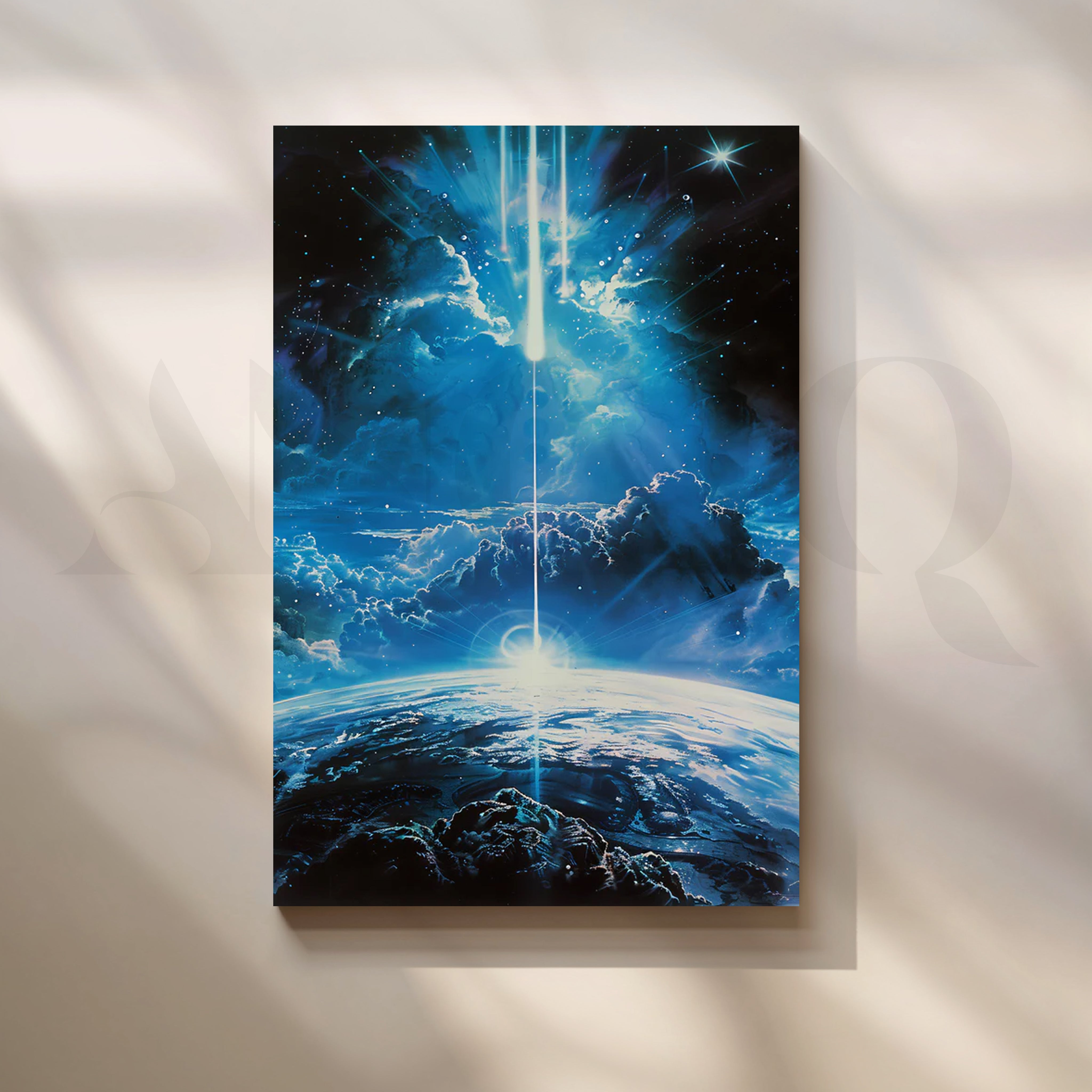 Celestial Convergence — Cosmic Lightbeam Over Earth Wall Art