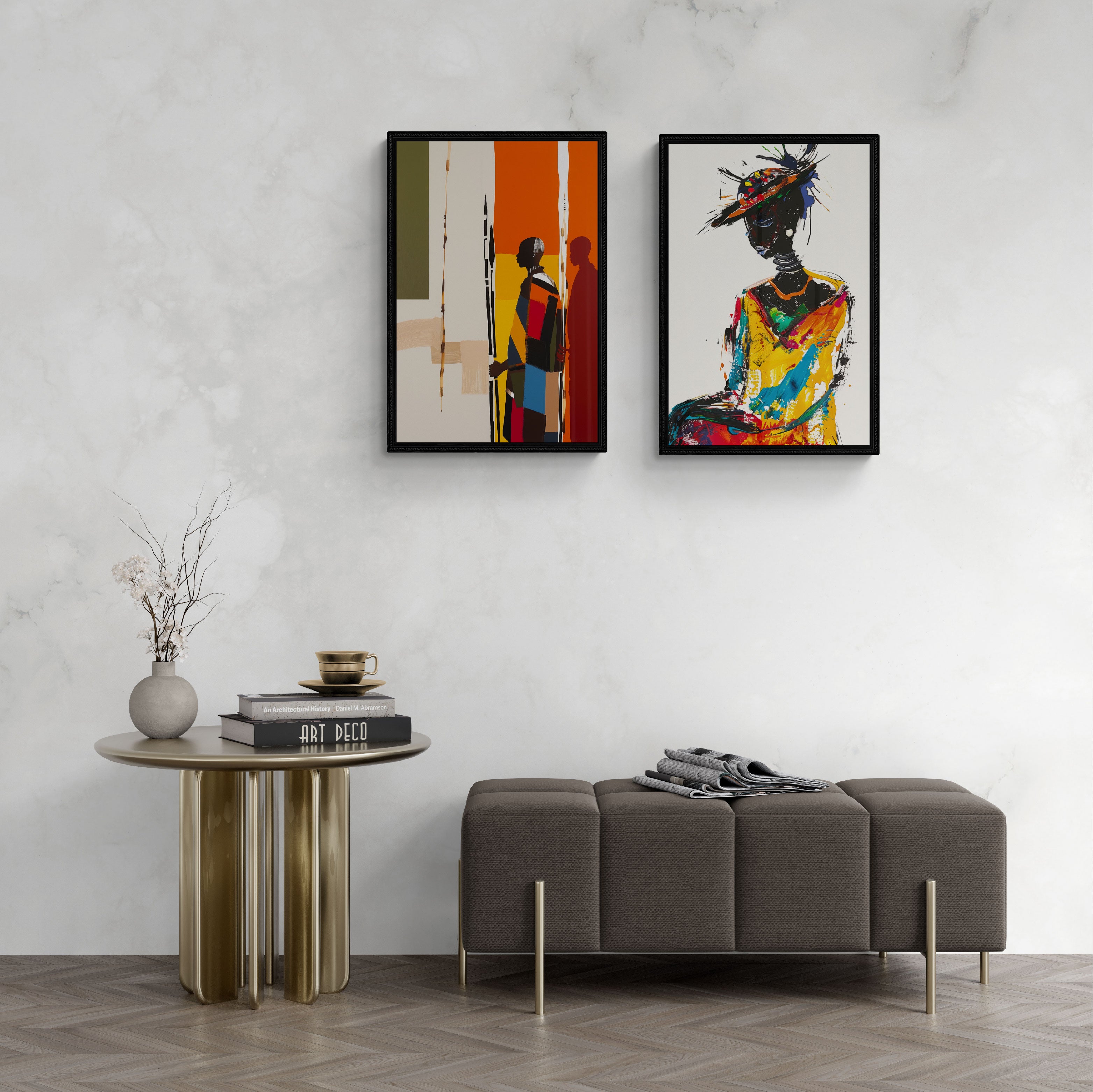 Modern Art Display: Vibrant Abstract Paintings in a Chic Setting